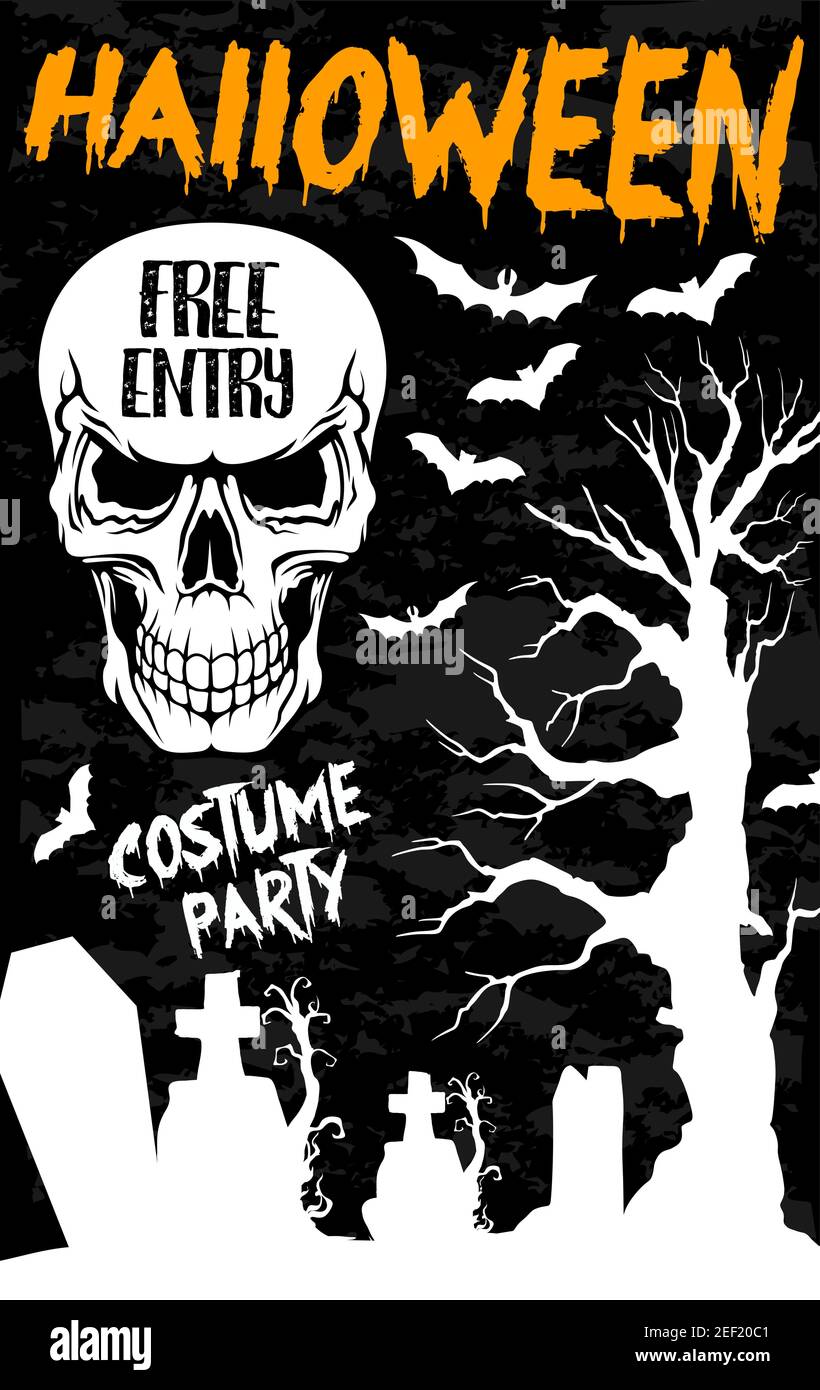 Halloween holiday banner with horror skull. Spooky skeleton with bat ...