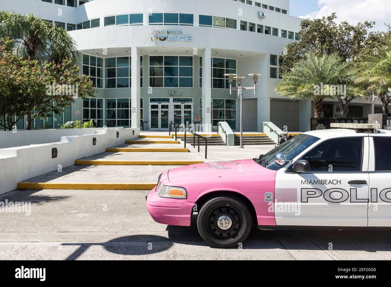 A pink, decommissioned Miami Beach police car outside the Miami Beach ...