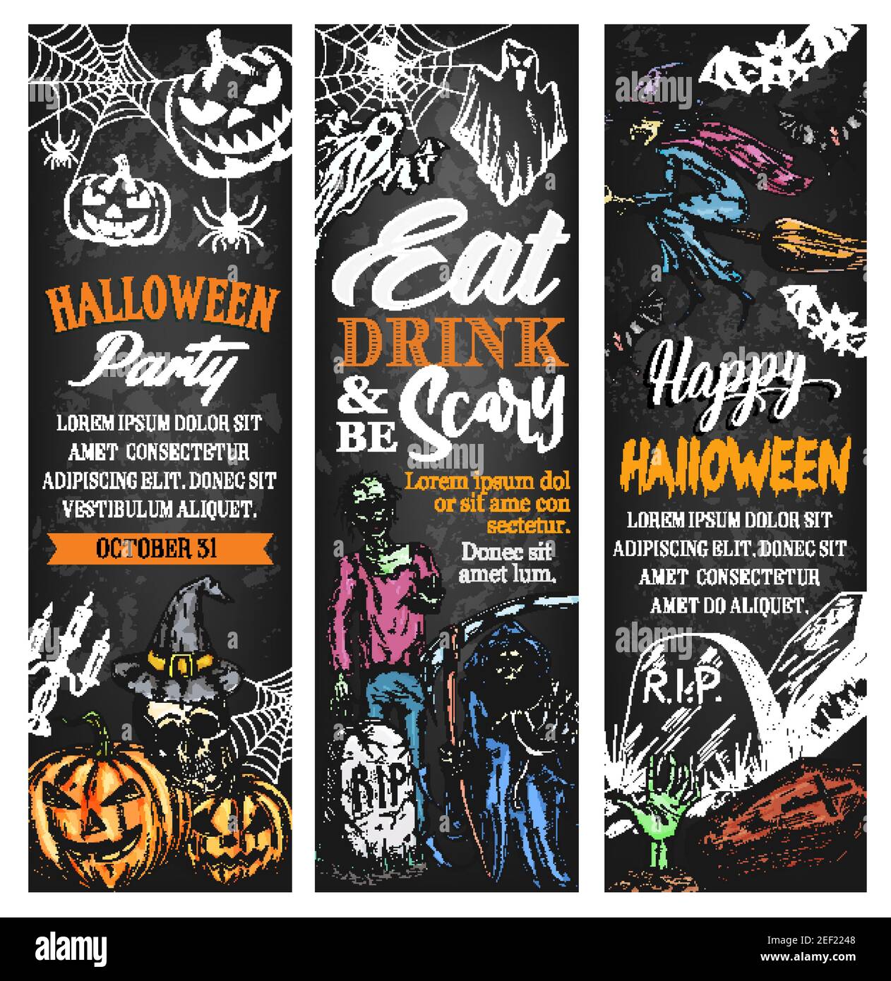 Halloween spooky monsters party sketch banners for trick or treat ...