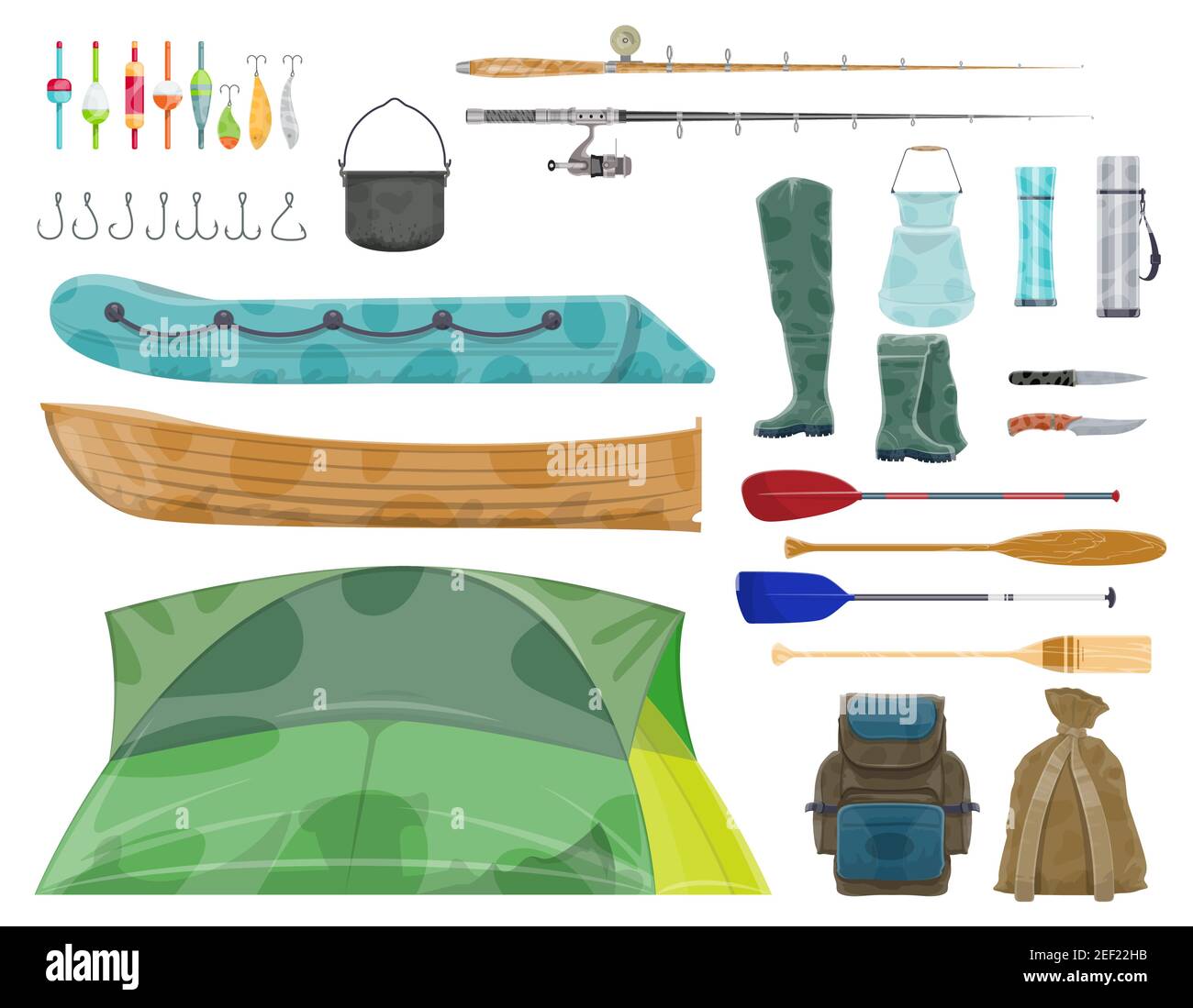 Fishing sport equipment and gear icon. Fishing rod, hook, bait and boat ...