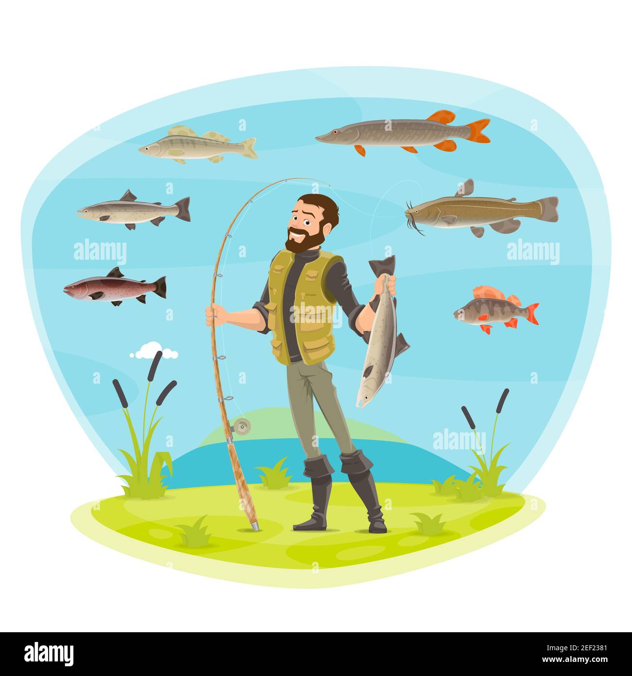 Fisherman Catching Fish Cartoon