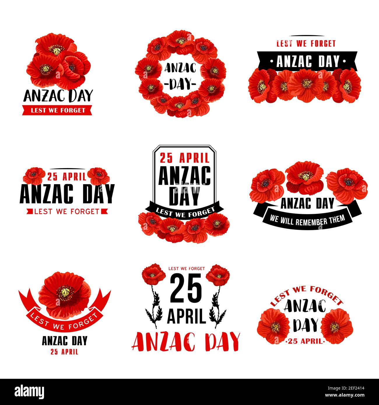 Anzac Day 25 April Australian remembrance day icons of red poppy ...