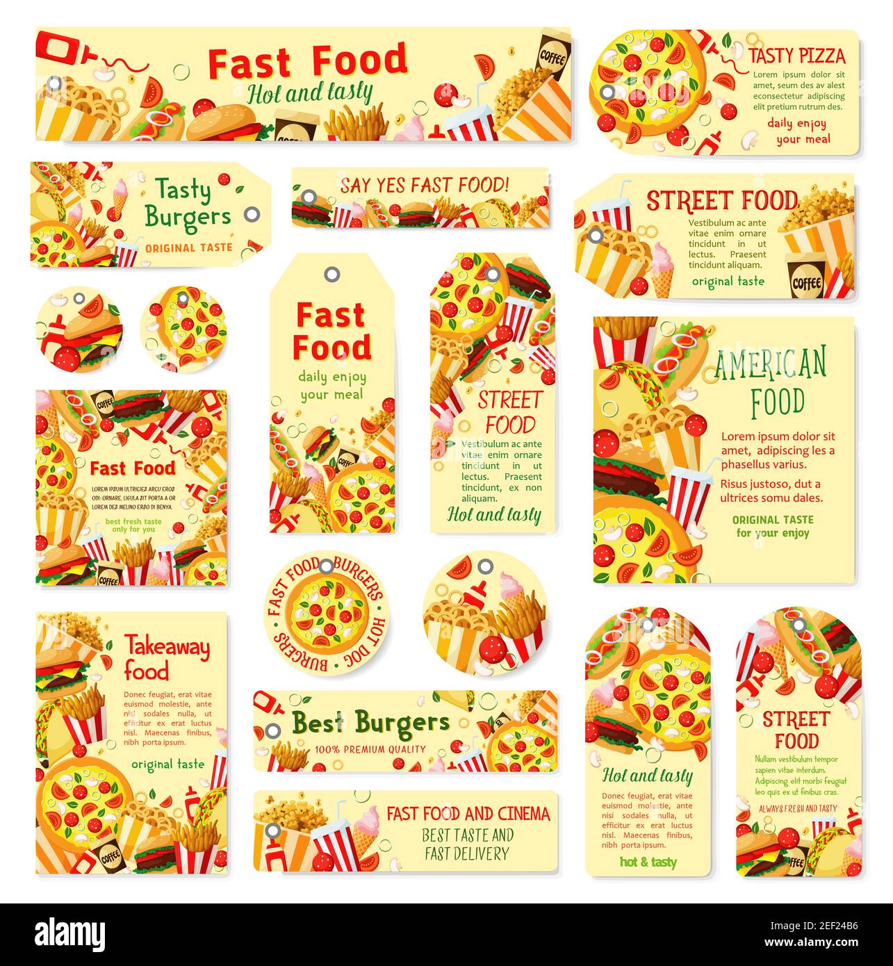 Fast food restaurant tag and menu card set. Hamburger, hot dog and ...