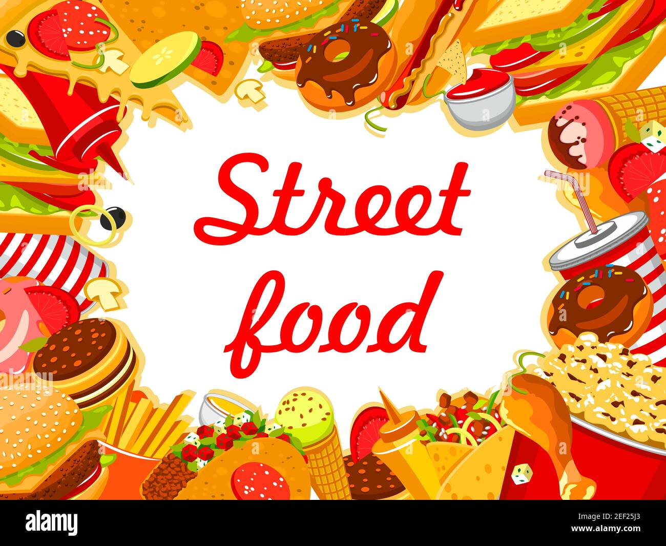 Street food meals burgers and sandwiches or desserts poster for fast ...