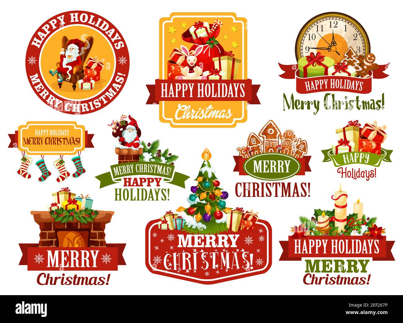 Merry Christmas greeting icons and happy winter holiday wishes on red ...