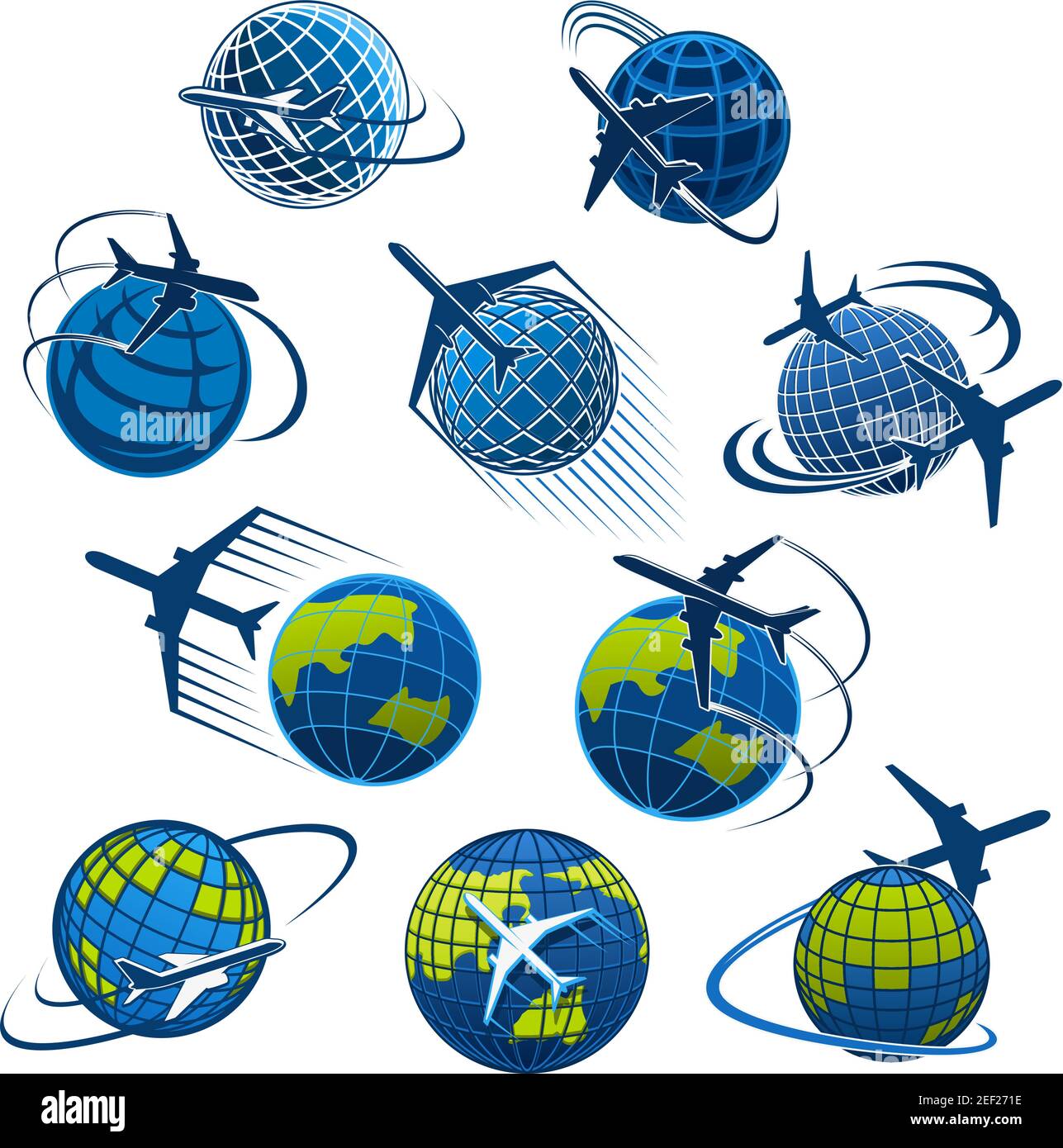 Airplane and world globe icon templates for travel agency or air post ...