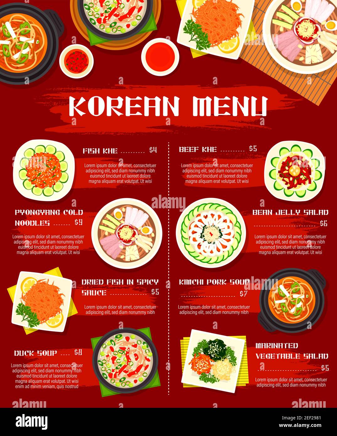 Korean cuisine vector menu template pyonguang cold noodles, kimchi pork ...