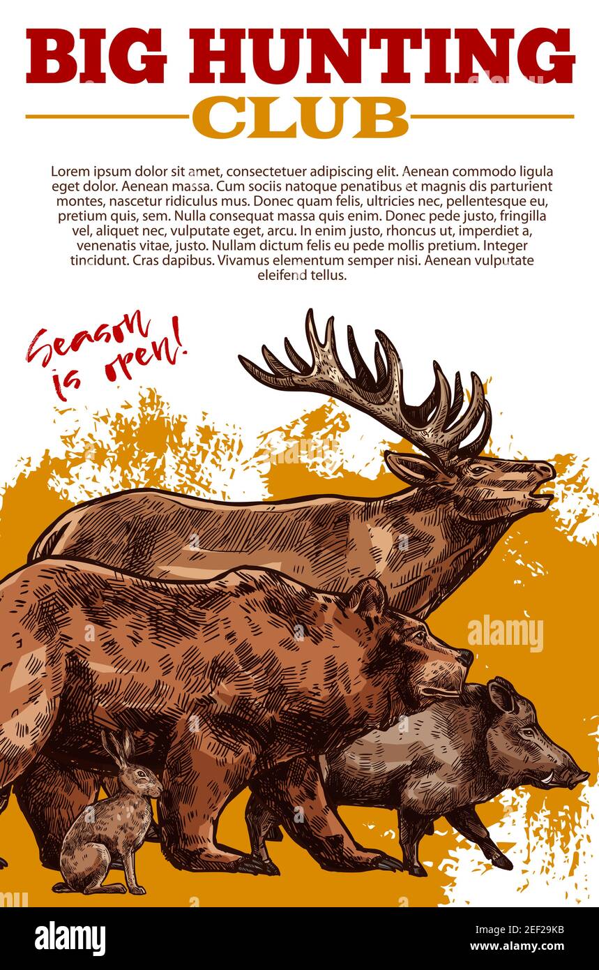 Hunting club sketch poster design template for open season on wild ...