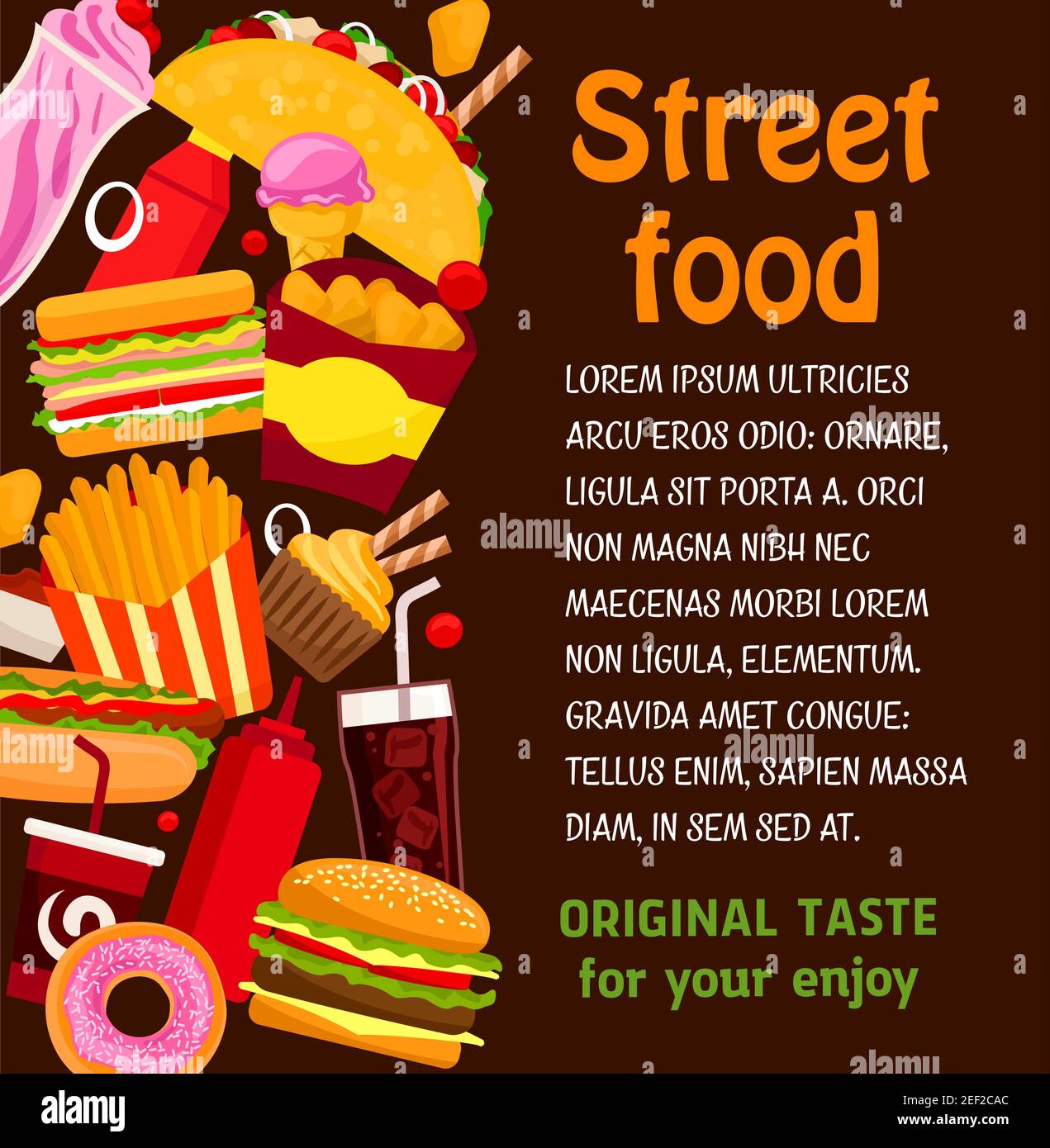 Fast food restaurant dish and drink poster. Hamburger and hot dog ...