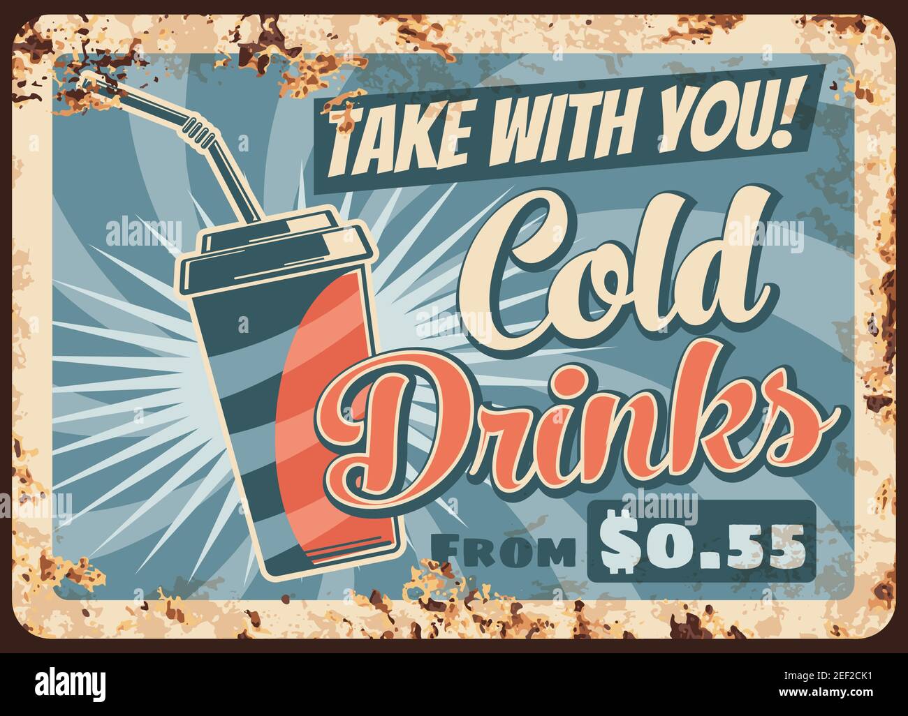 Cold drinks rusty metal plate, vector summer beverage in disposable ...