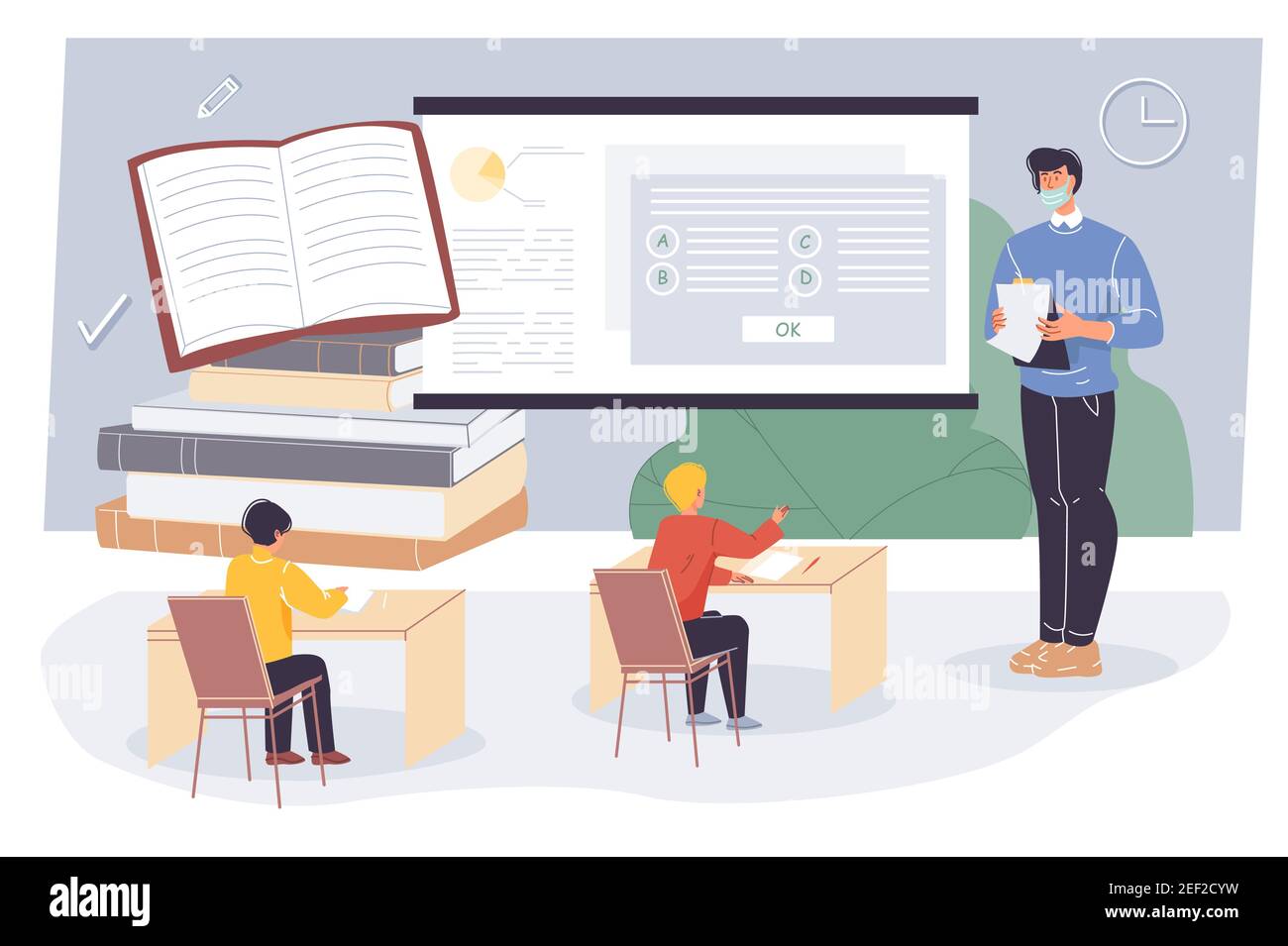 Flat cartoon characters students and teacher,offline online education ...