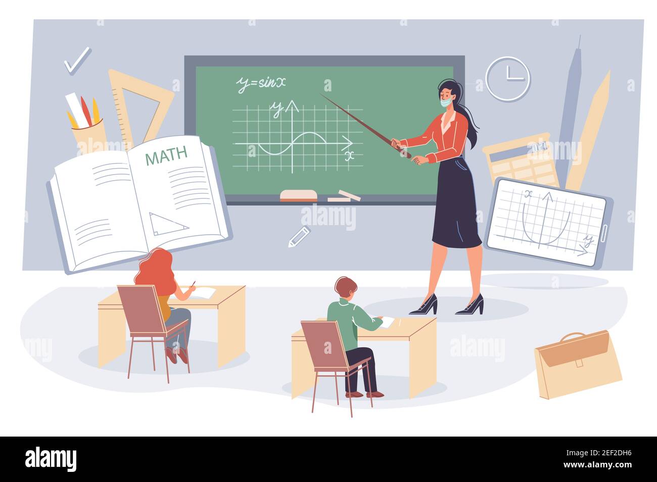 Flat cartoon characters students and teacher,offline online education ...