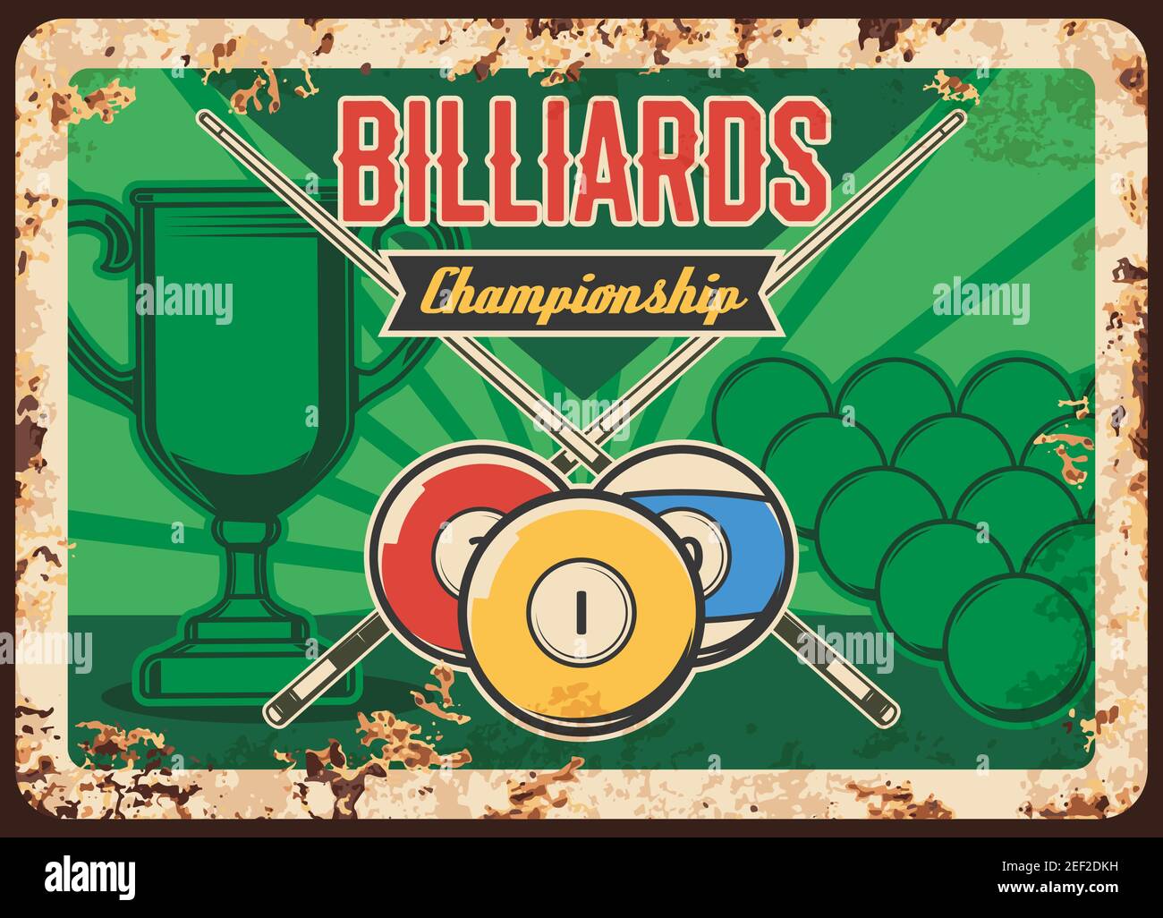 Billiards championship rusty metal plate, vector balls, crossed cues ...