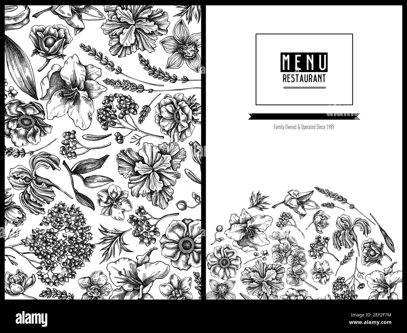 Menu cover floral design with black and white anemone, lavender ...