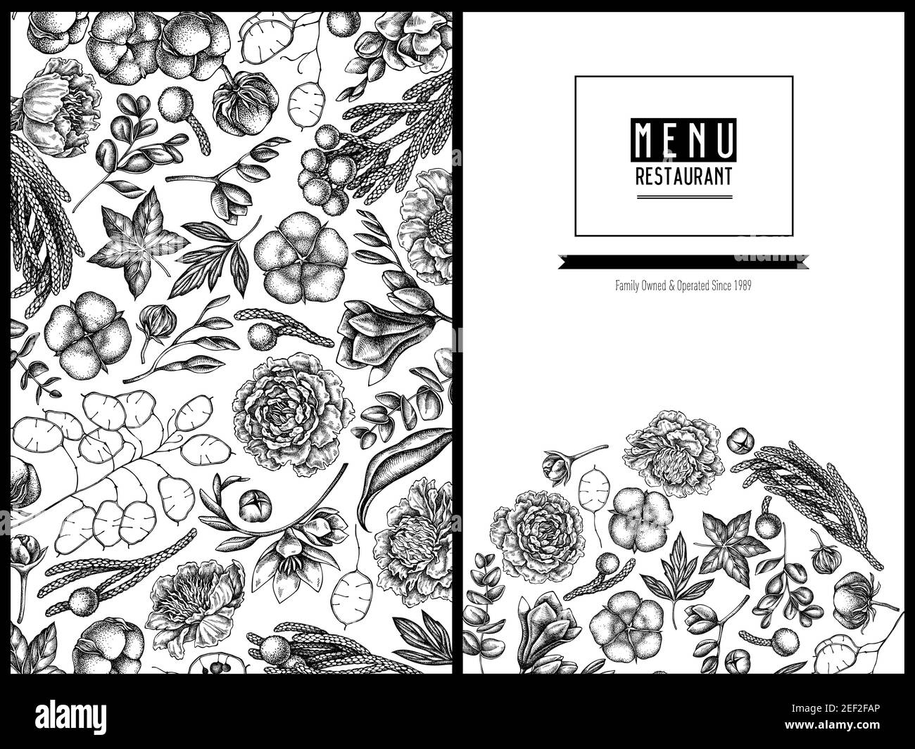 Menu cover floral design with black and white ficus, eucalyptus, peony ...