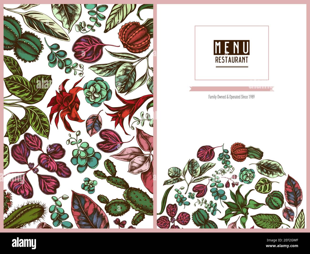 Menu cover floral design with colored ficus, iresine, kalanchoe ...