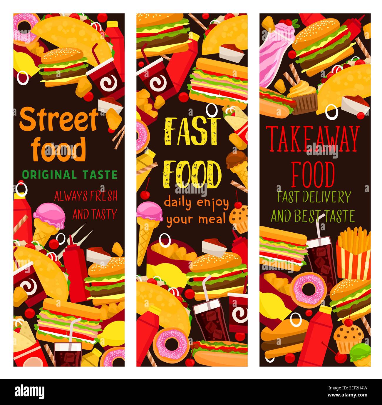 Fast food restaurant banner with takeaway lunch meal. Hamburger, hot ...