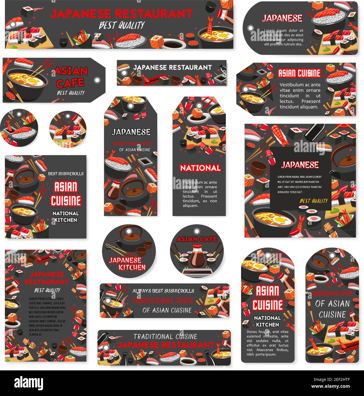 Sushi bar or Japanese Asian cuisine food bar banners, posters and tags ...
