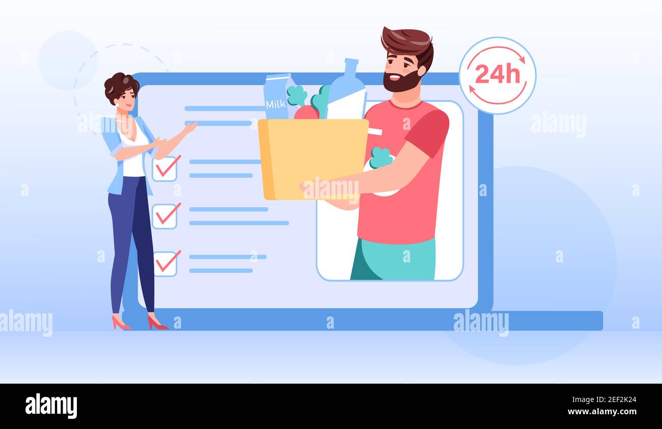 Flat cartoon characters receiving online buys,order delivery service ...