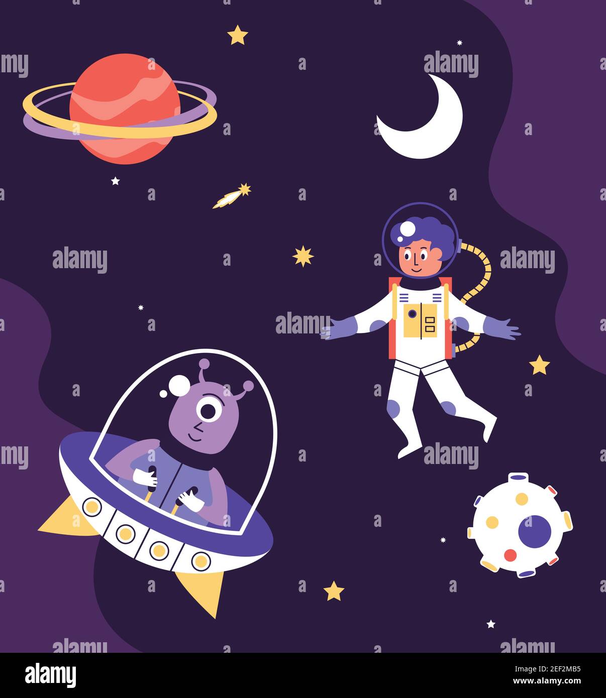 astronaut and alien driving ufo space scene vector illustration design ...