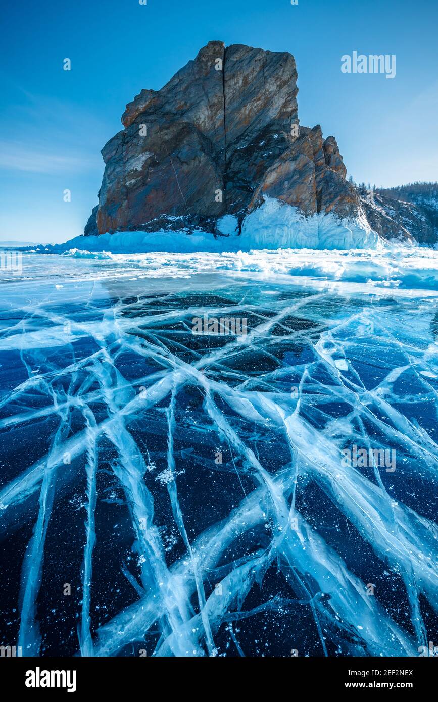 Natural breaking ice in frozen water at Lake Baikal, Siberia, Russia ...