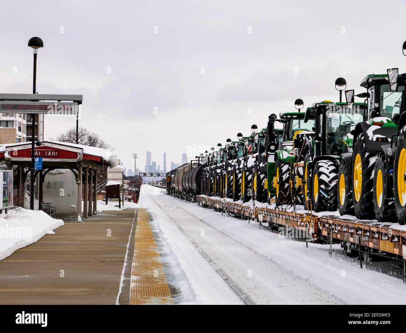 Railroad flatcars loaded with John Deere tractors for export. Oak Park ...