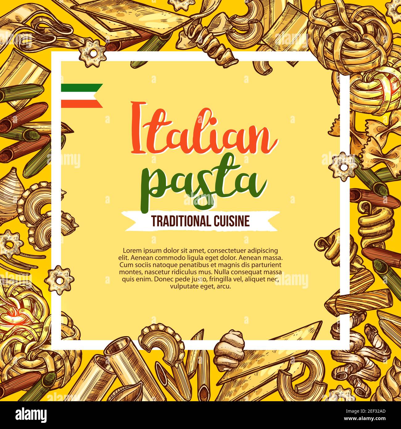 Italian pasta poster with sketch frame of macaroni. Penne, spaghetti ...