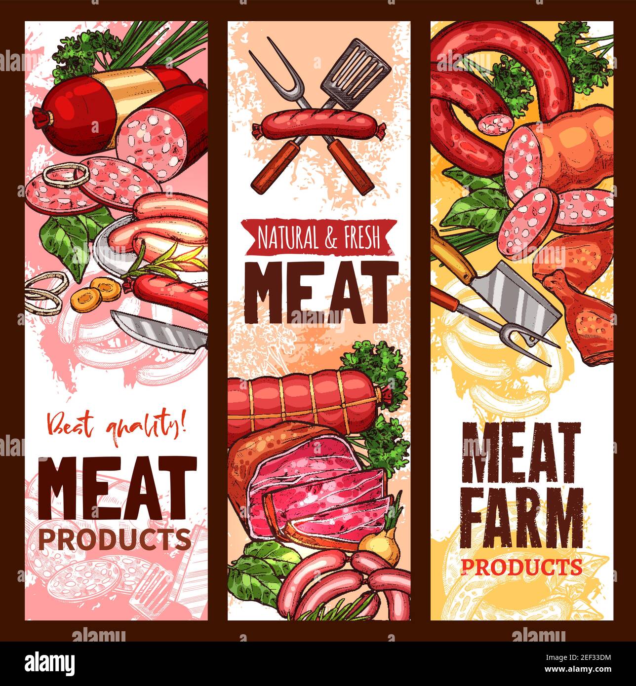 Meat farm market sketch banners of meaty products. Vector fresh ...