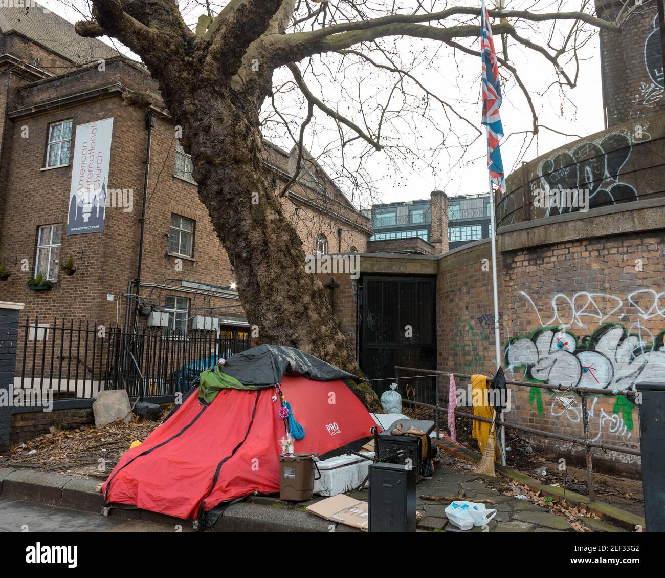 A tent set up of a homeless next to a tree in London. (Photo by Belinda ...