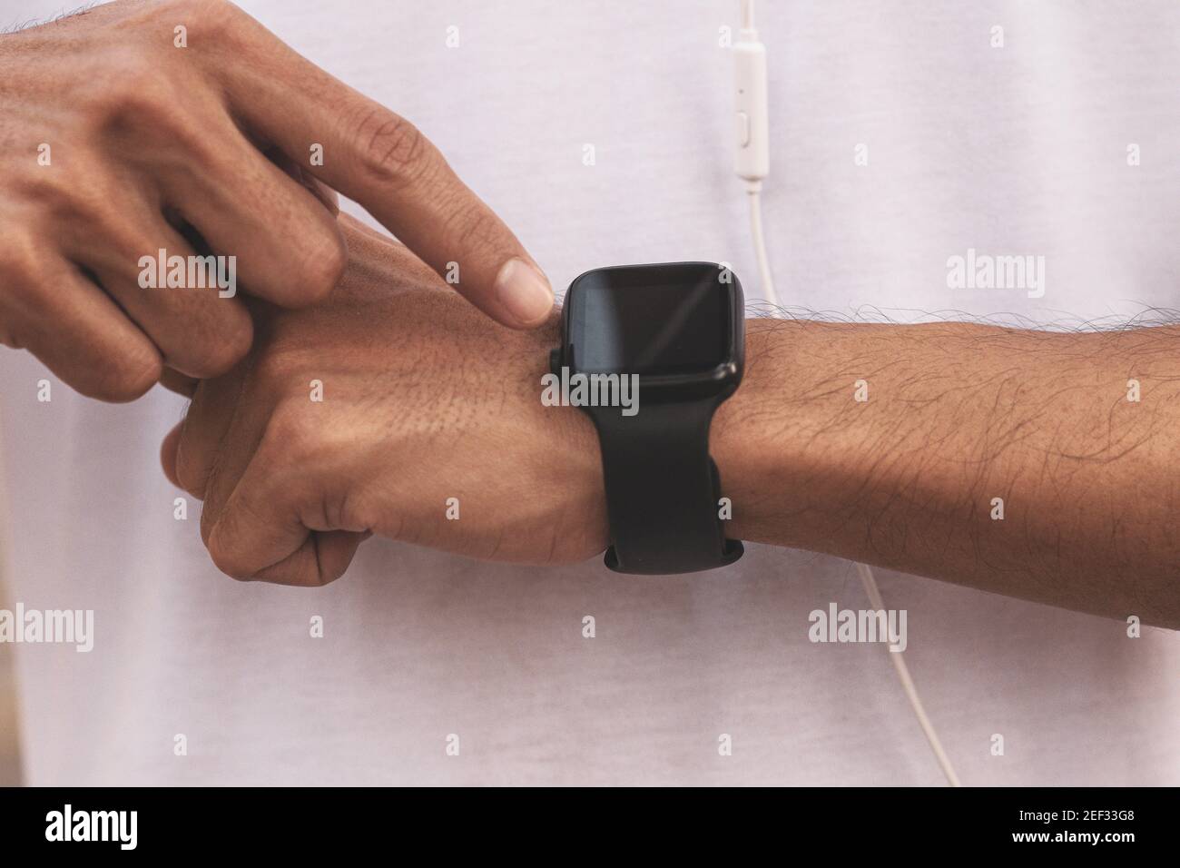 People use smart watch touching on screen connection social media by ...
