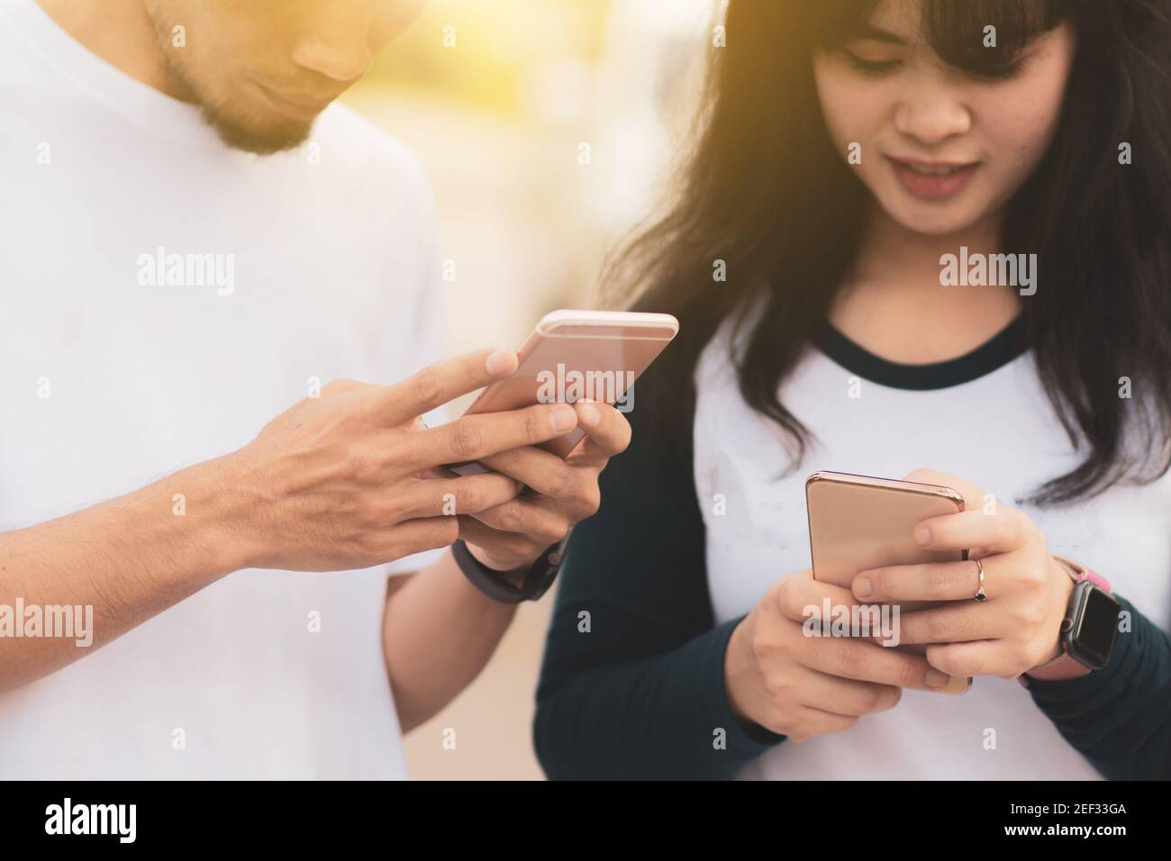 Asian couple People use tablet then smartphone connection social media ...