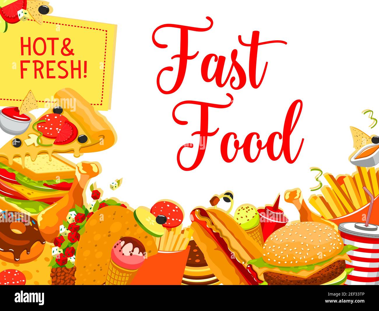 Fast food snack and drink poster. Hamburger, hot dog and cheese ...