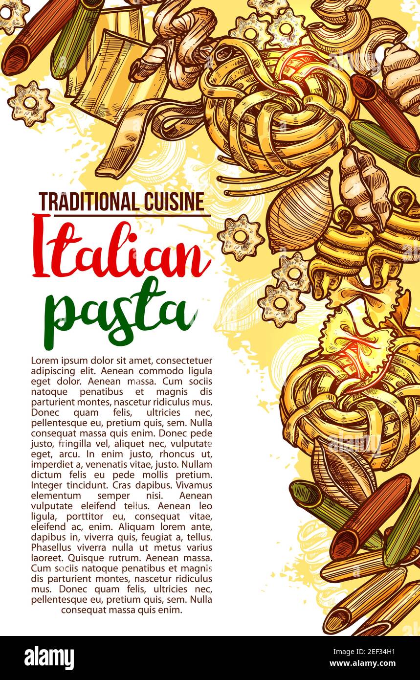 Italian pasta traditional cuisine restaurant sketch design template for ...