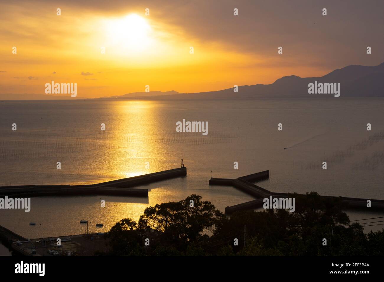 Net for Seaweed and Shioya Fishing Port at Dusk, Kumamoto Prefecture ...