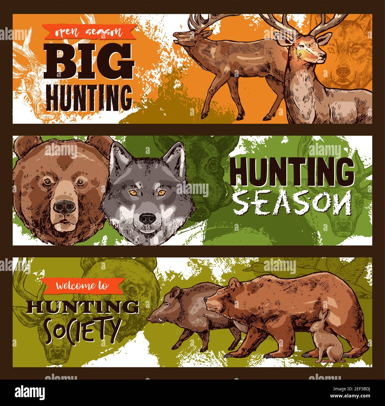Hunting club or wild animals open season sketch banners design template ...