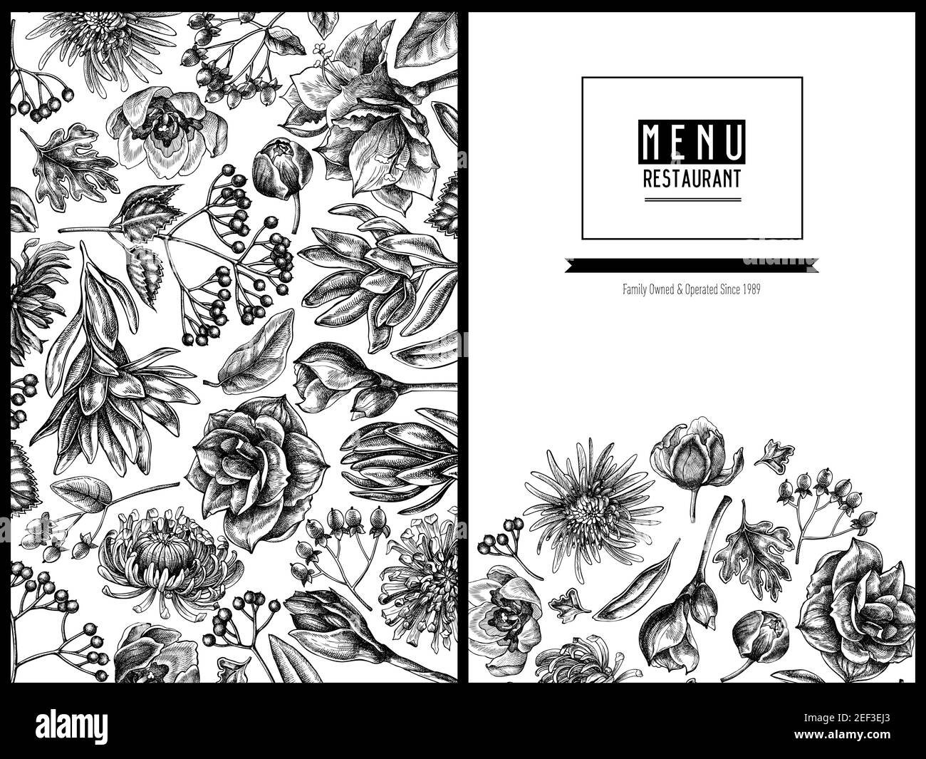 Menu cover floral design with black and white viburnum, hypericum ...