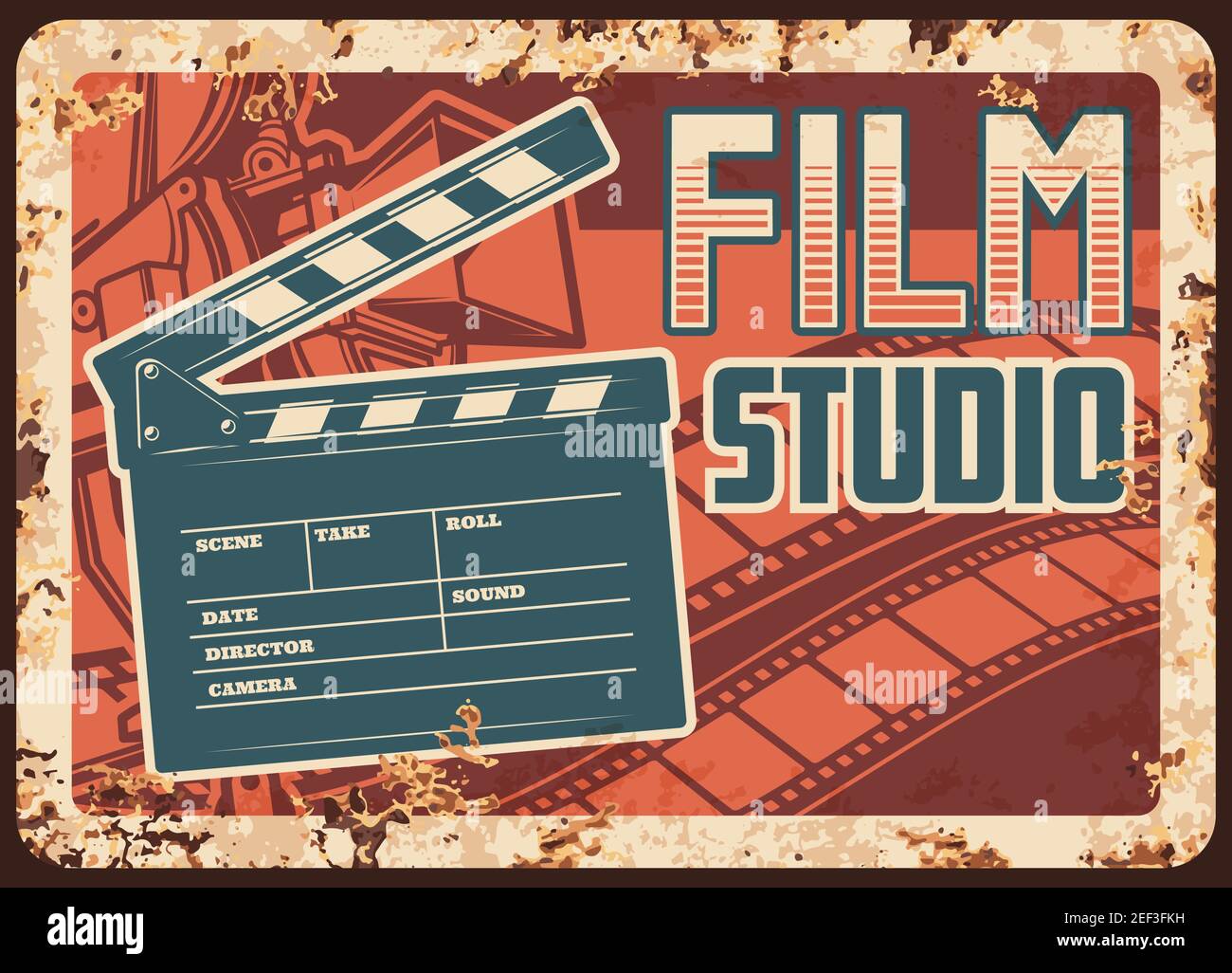 Film studio rusty metal plate with vector clapperboard, camera and ...