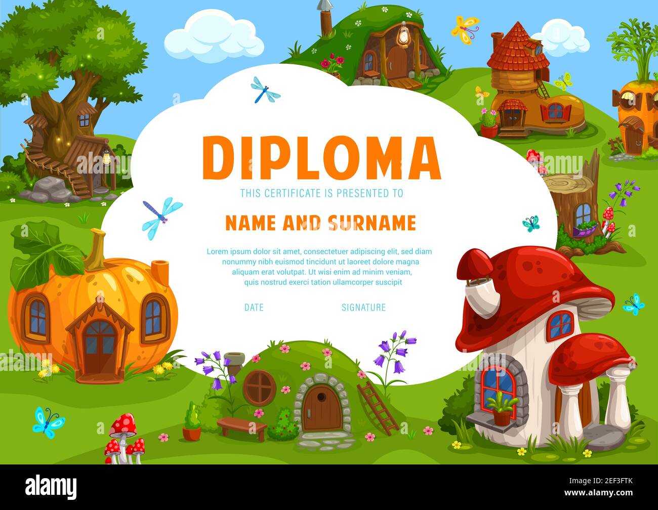Kids diploma certificate, fairy tale dwarf houses, vector school ...