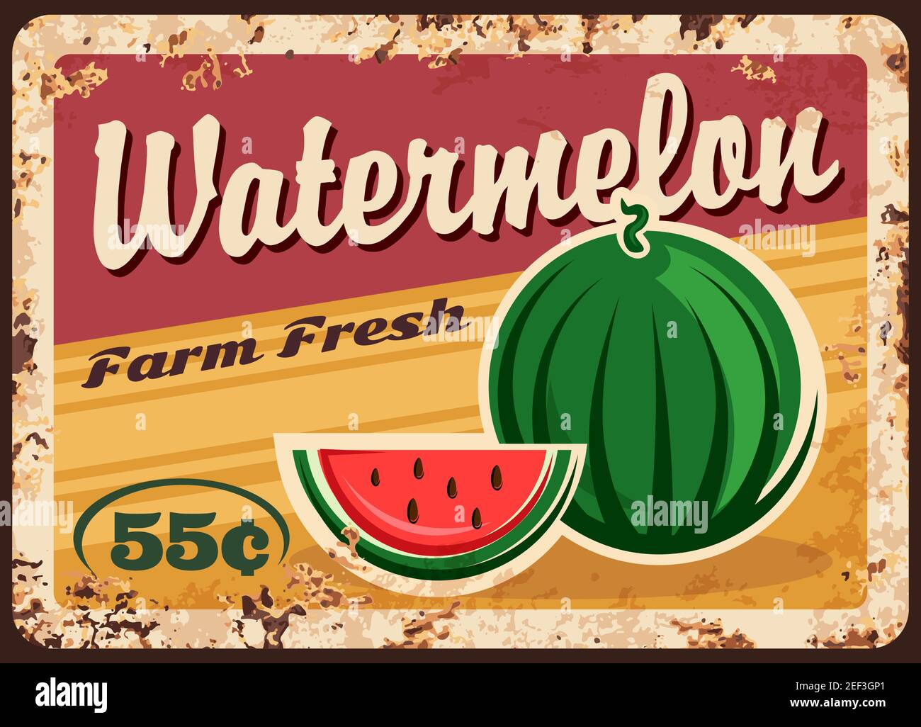 Watermelon metal plate rusty, farm fruits price vector retro poster ...