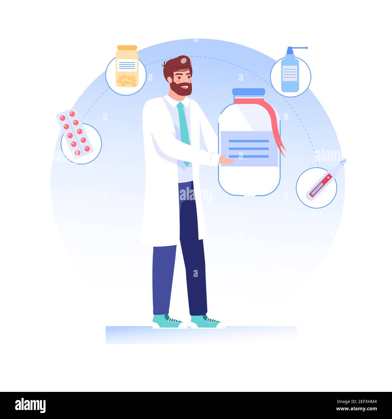 Flat cartoon doctor character offers medications drugs,online ...