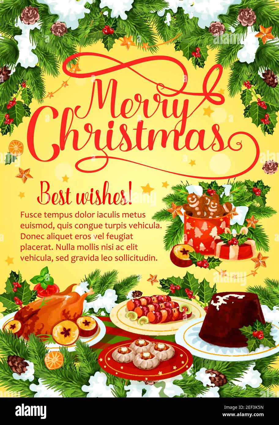 Christmas dinner greeting banner with winter holiday cuisine dishes ...