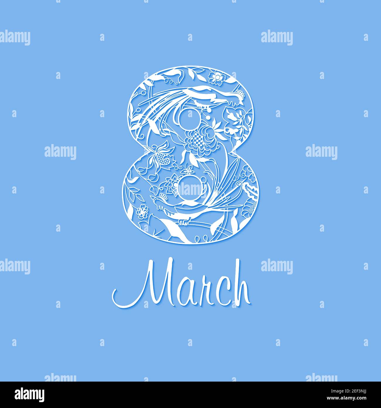 March 8, Happy Women's Day elegant congrats. White paper cut number and ...