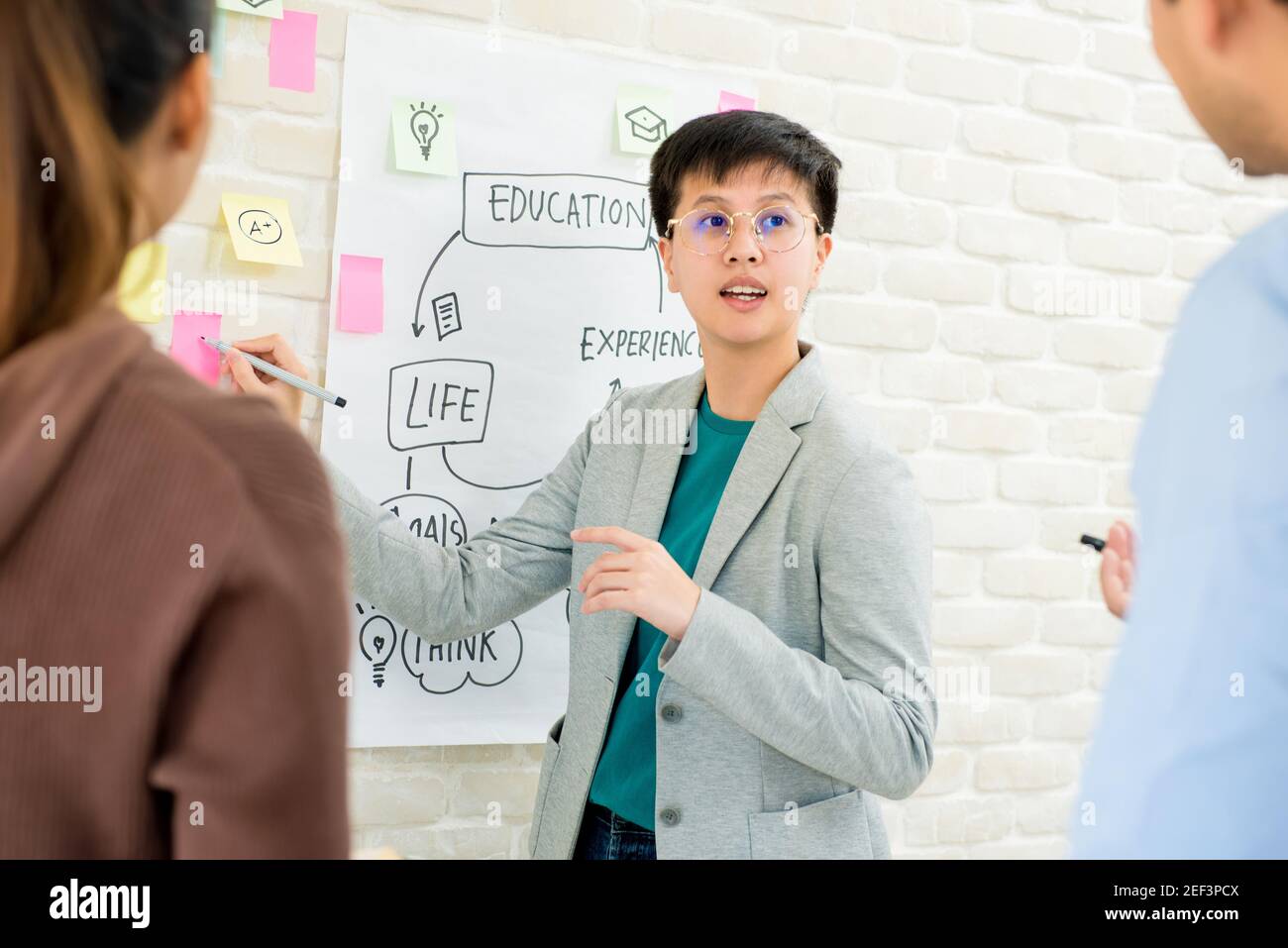 Group of university students presenting and discussing project in ...