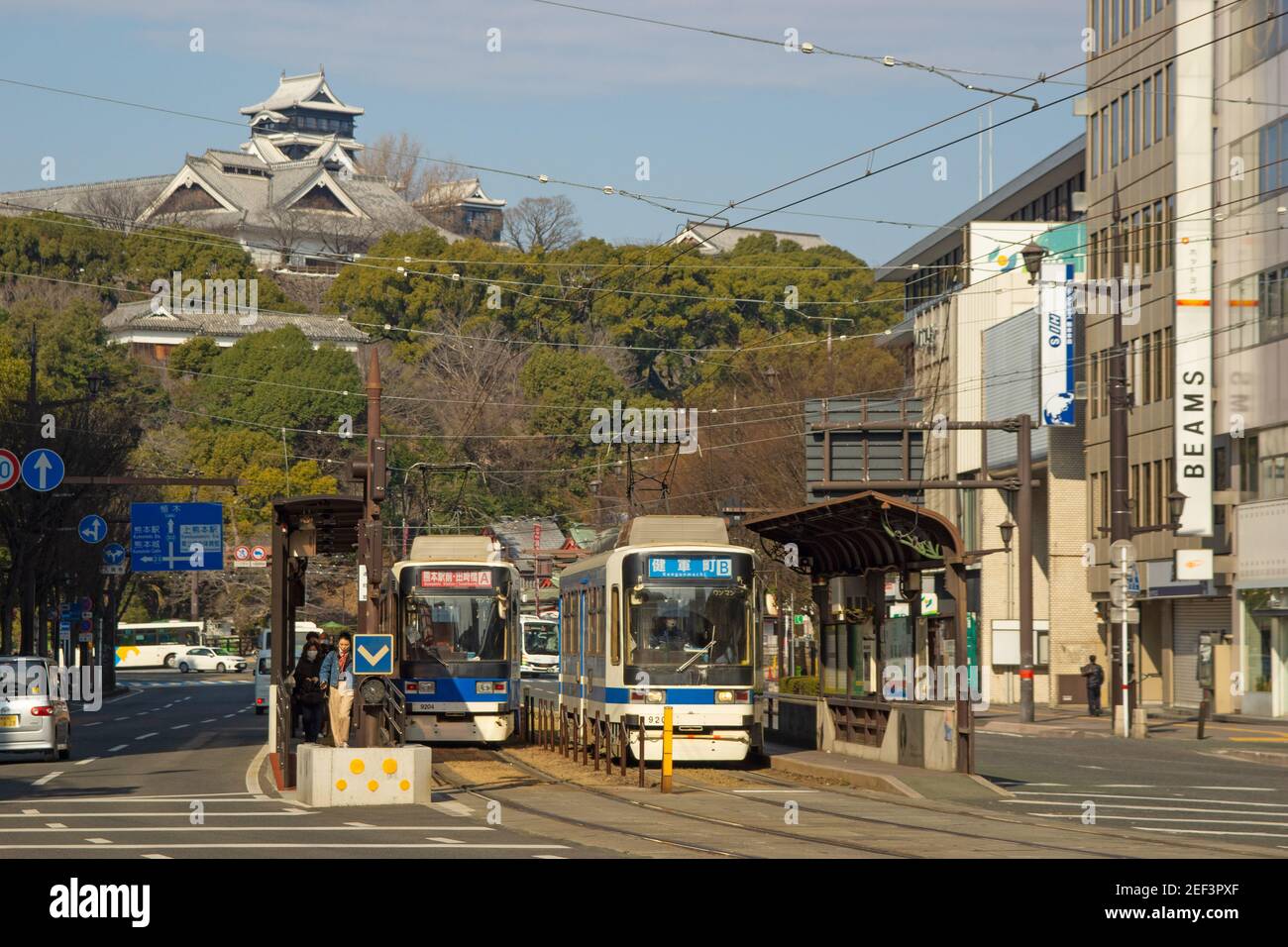 Kumamoto Tram and Kumamoto Castle under Restoration, Kumamoto ...