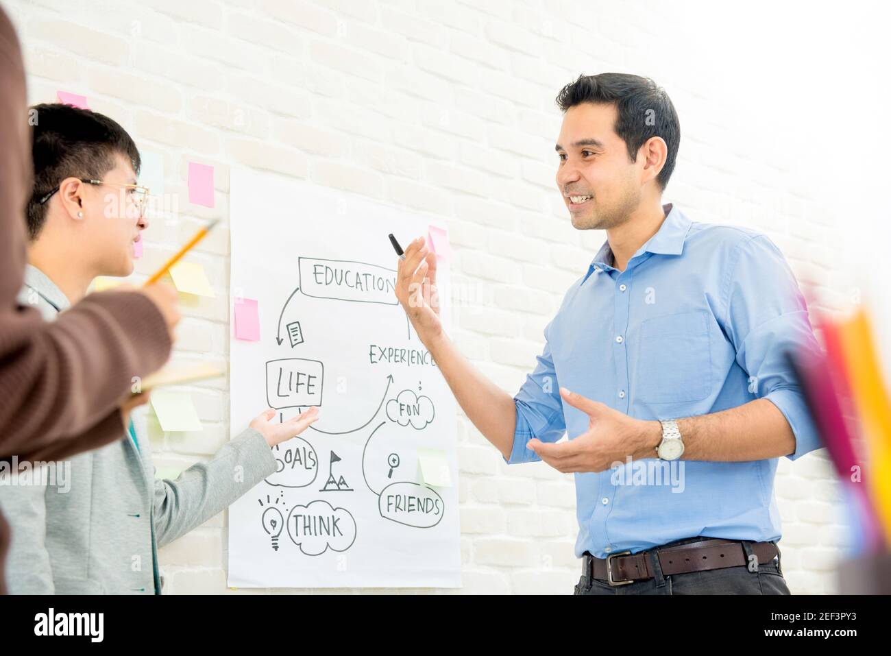 College students and teacher discussing project in classroom Stock ...