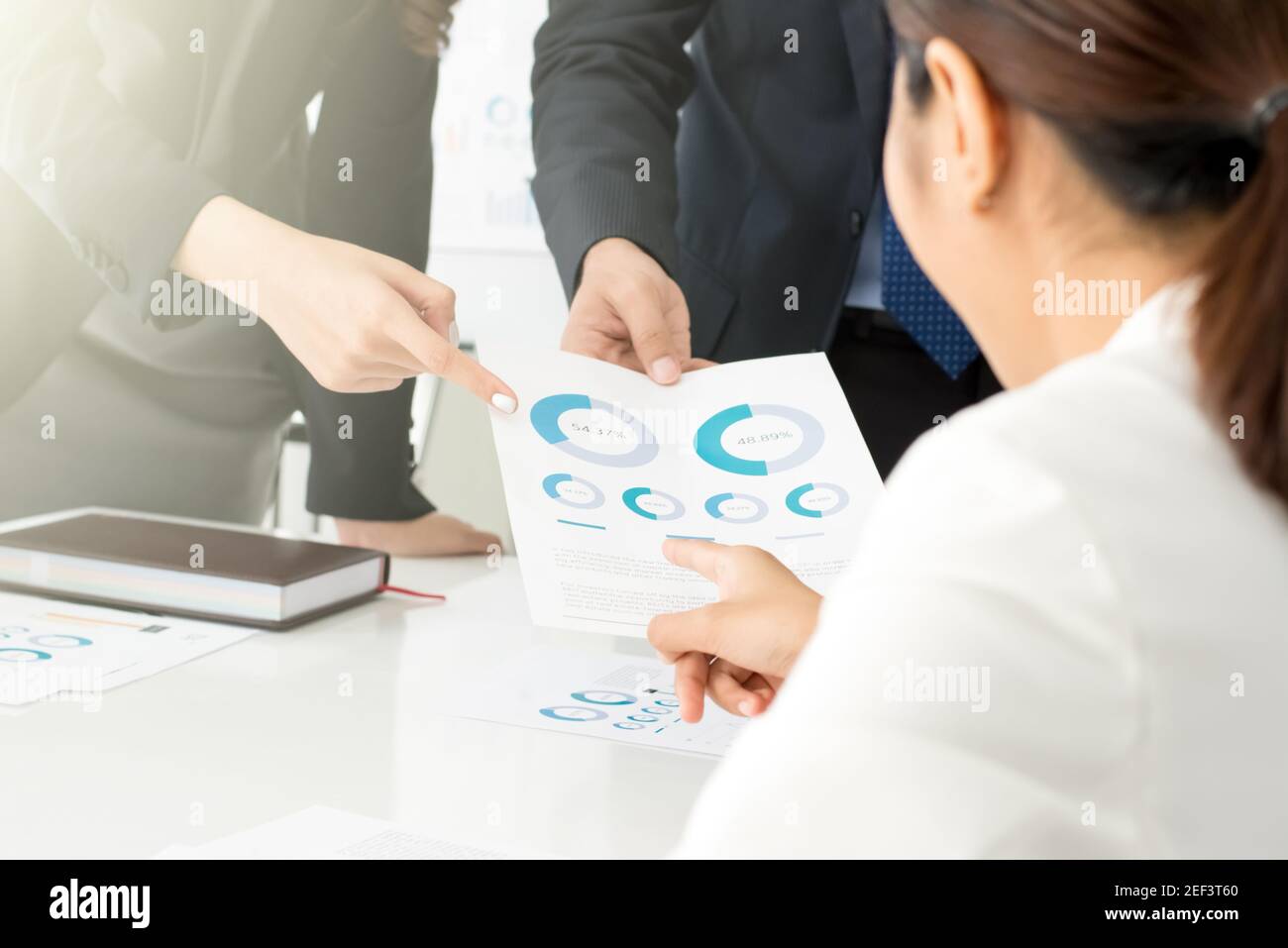 Business people discussing and analyzing graph data at the meeting ...