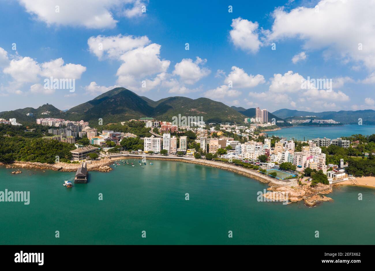 Aerial view of the famous Stanley coastal town, a popular tourist ...