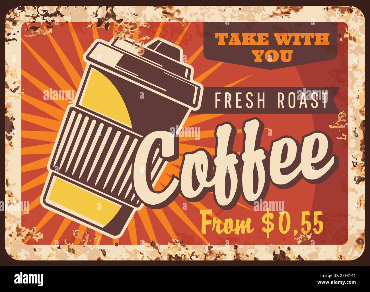 Fresh coffee in disposable cup vector rusty metal plate, roast drink ...