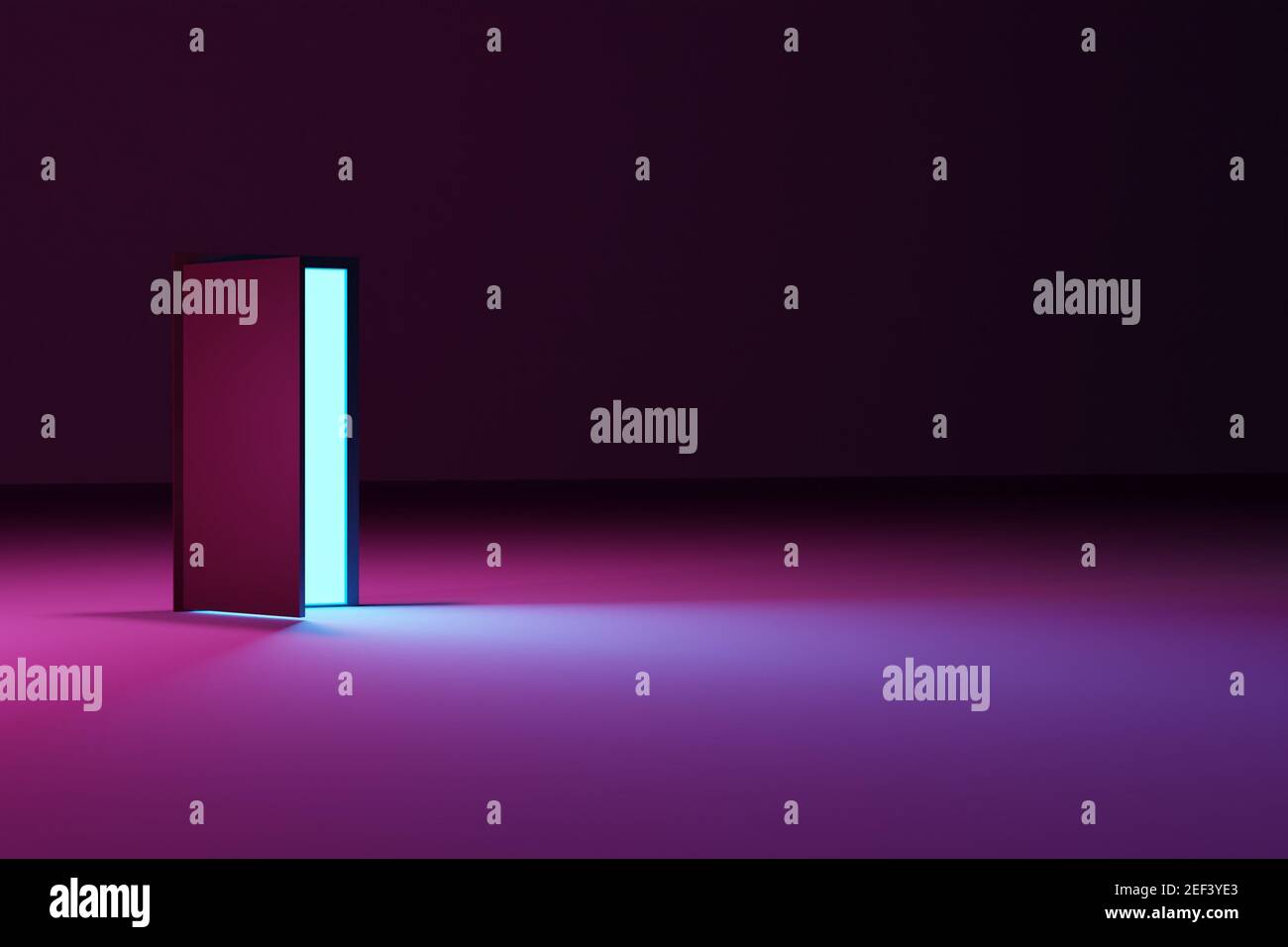 Open door from which white light shines in a dark room with pink light ...