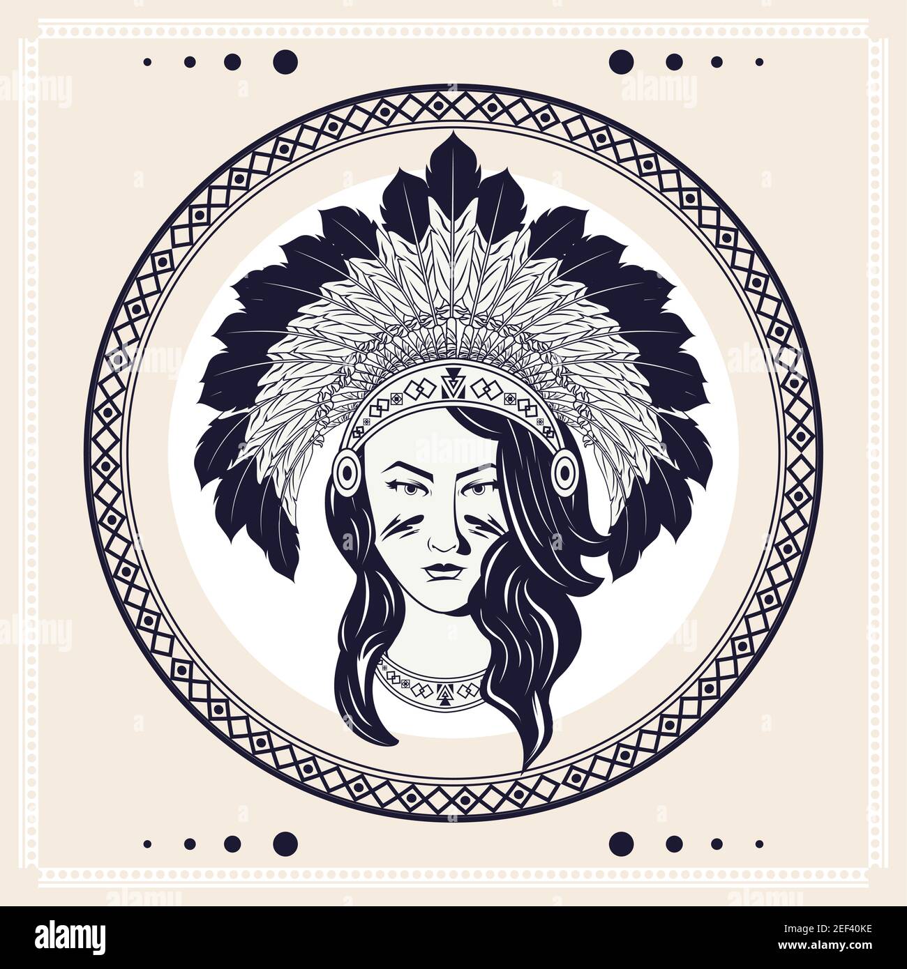 native american woman with feathers crown in circular frame tribal ...